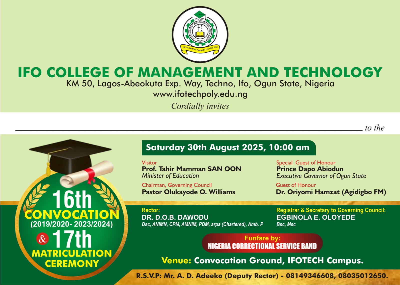 JOINT 17TH MATRICULATION & 16TH CONVOCATION CEREMONIES COMES UP 9AM, SAT. 30TH AUGUST 2025 – Ifo ...